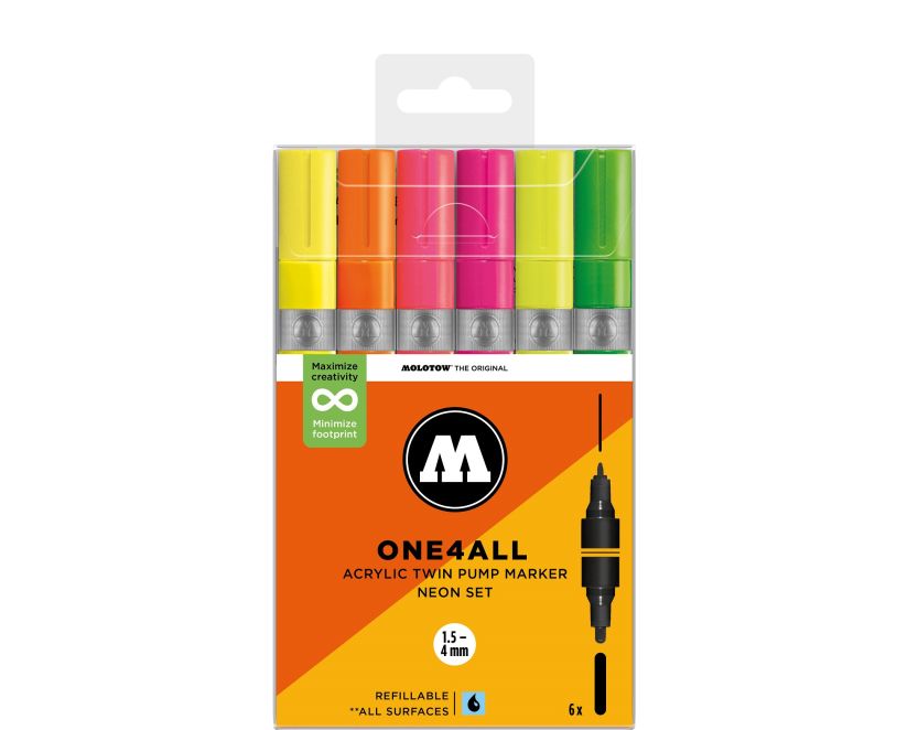 MOLOTOW ONE4ALL™ Acrylic Twin 1,5mm/4mm 6x - Basic-Set 1 - Clearbox